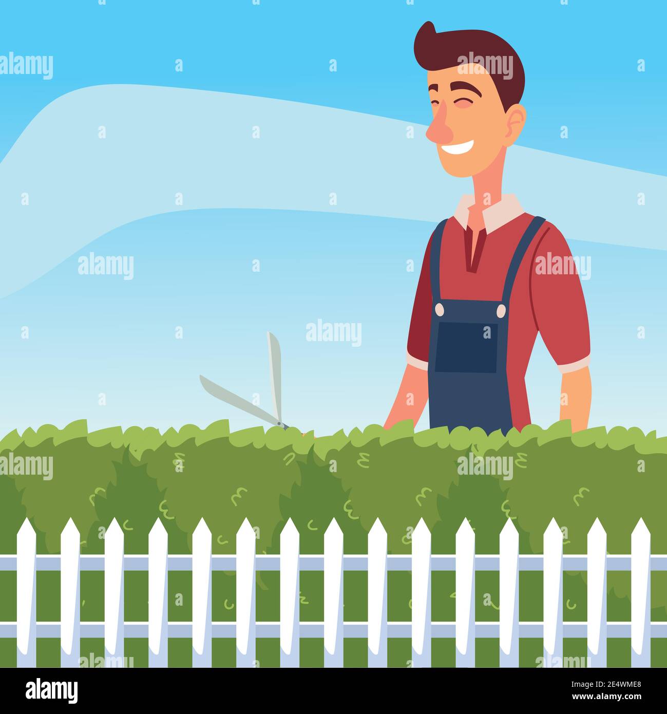 gardening, man trimming a bush or tree with big clippers vector ...