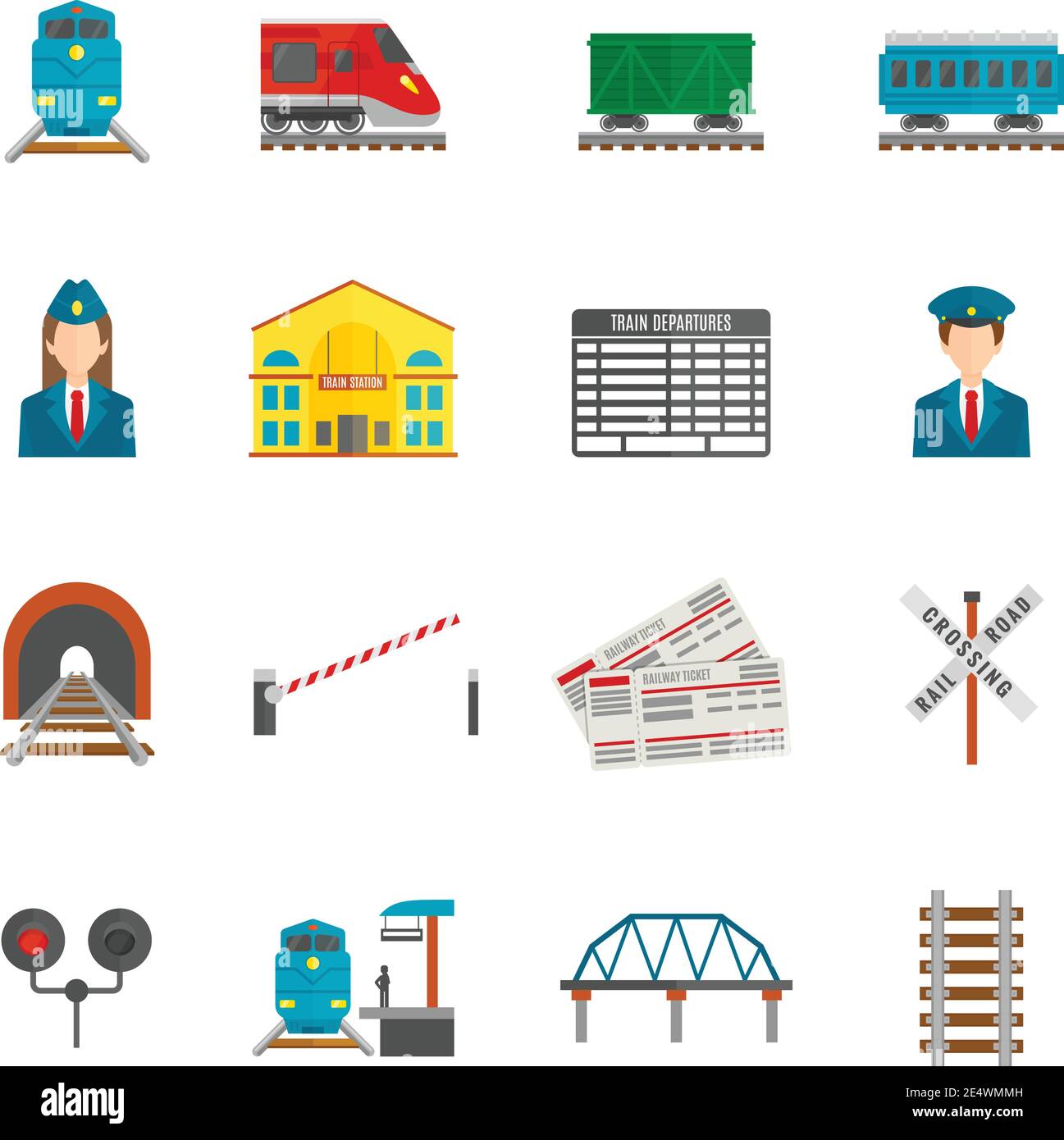 Railway flat icons set with train locomotive wagon conductor isolated ...