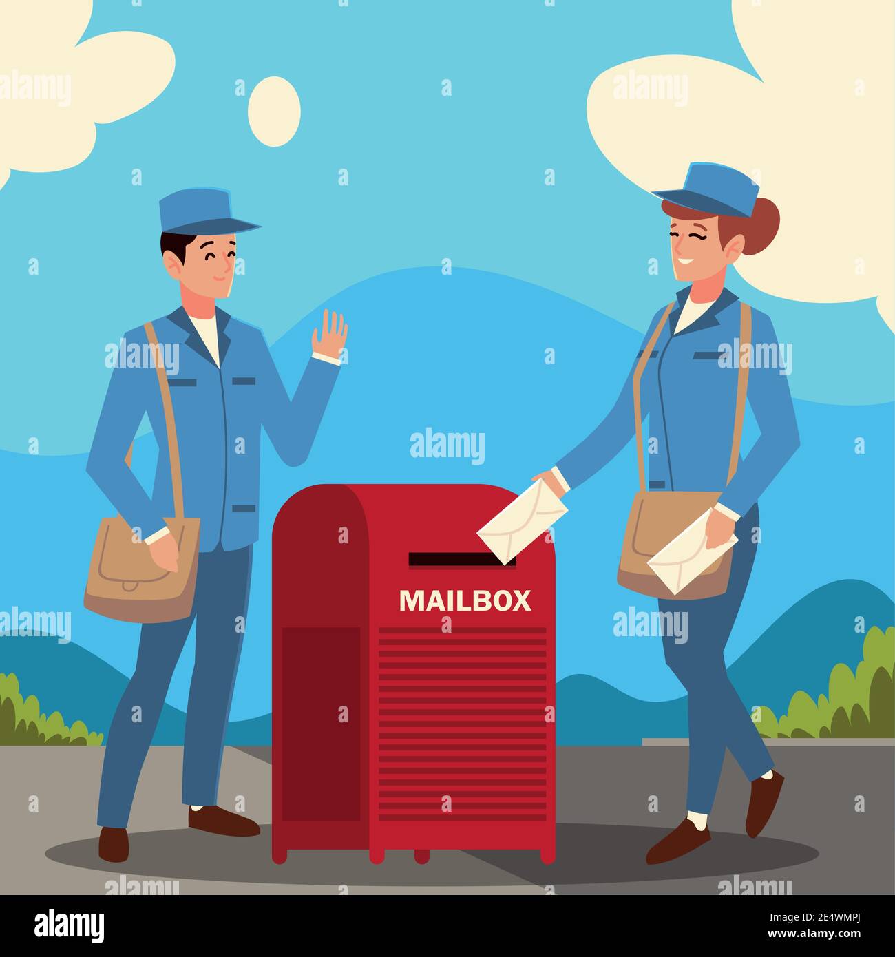 postal service postman and woman mailbox envelopes city street vector ...