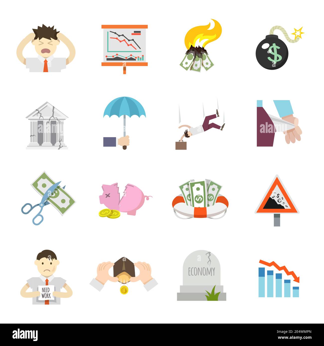 Economic crisis finance depression invest recession flat icons set ...