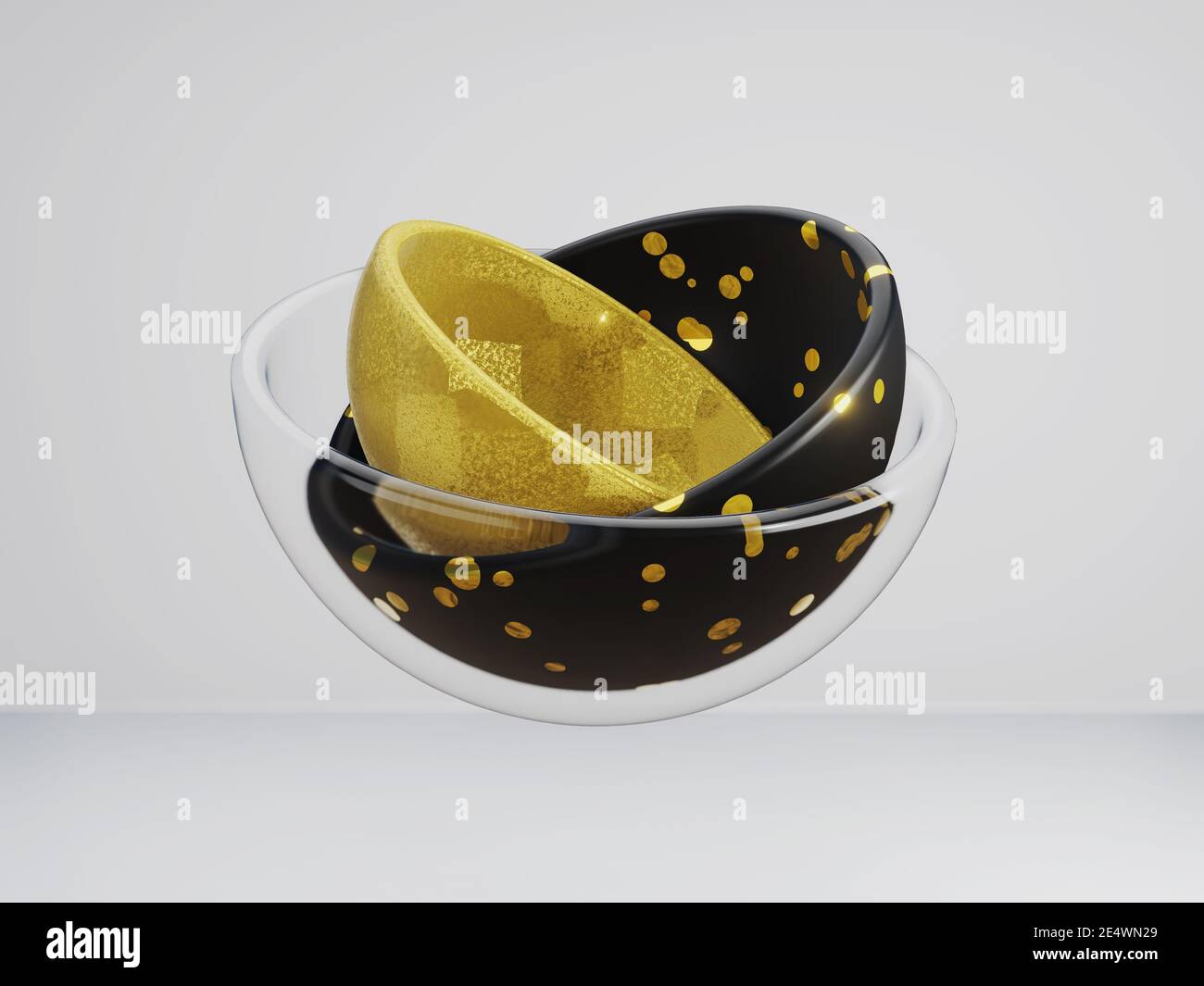 3d render of golden, black and glass hemisphere rotating as planet ...