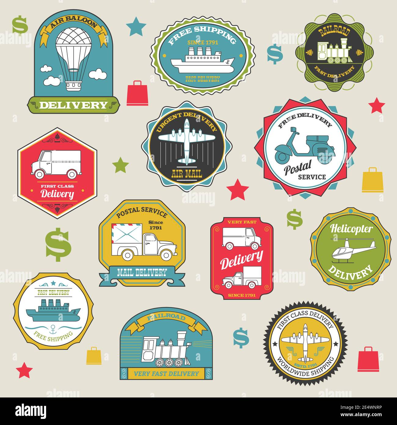 Delivery emblems colored paper shipping stickers set isolated vector ...