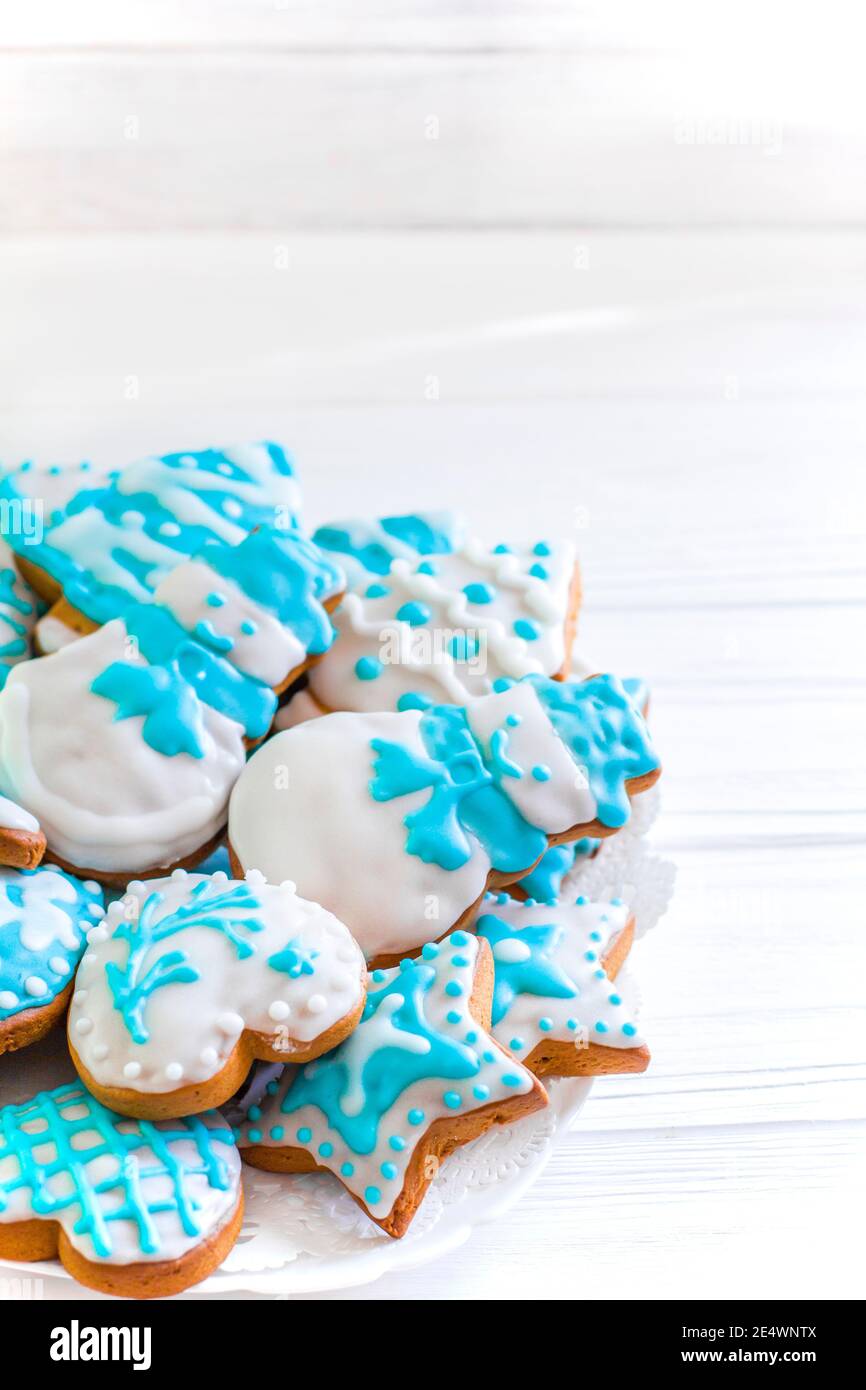 Homemade gingerbread cookies. Christmas gingerbread white blue ...