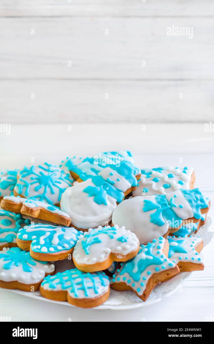 Homemade gingerbread cookies. Christmas gingerbread white blue ...