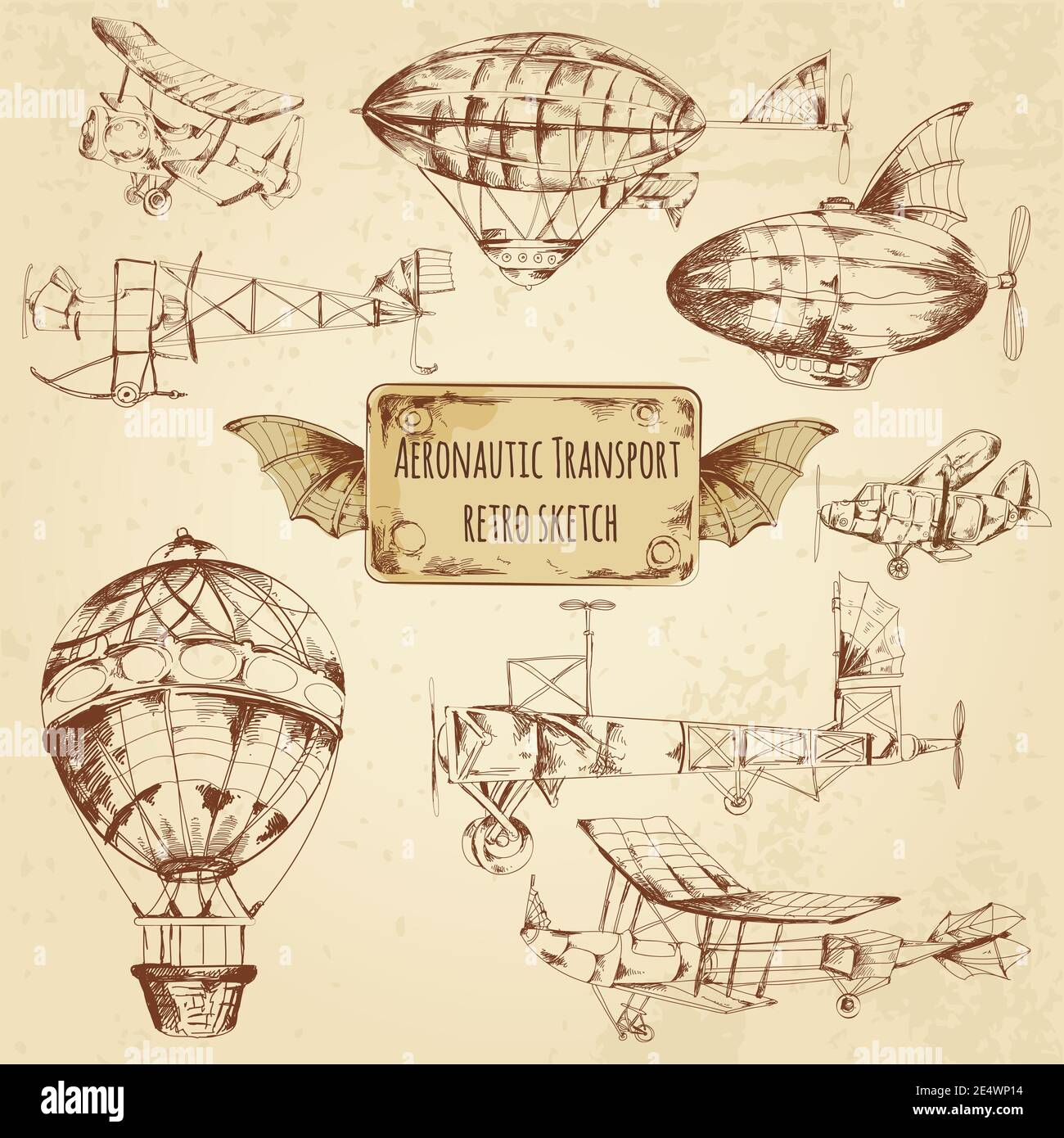 Retro aviation aeronautic transport sketch decorative icons set ...