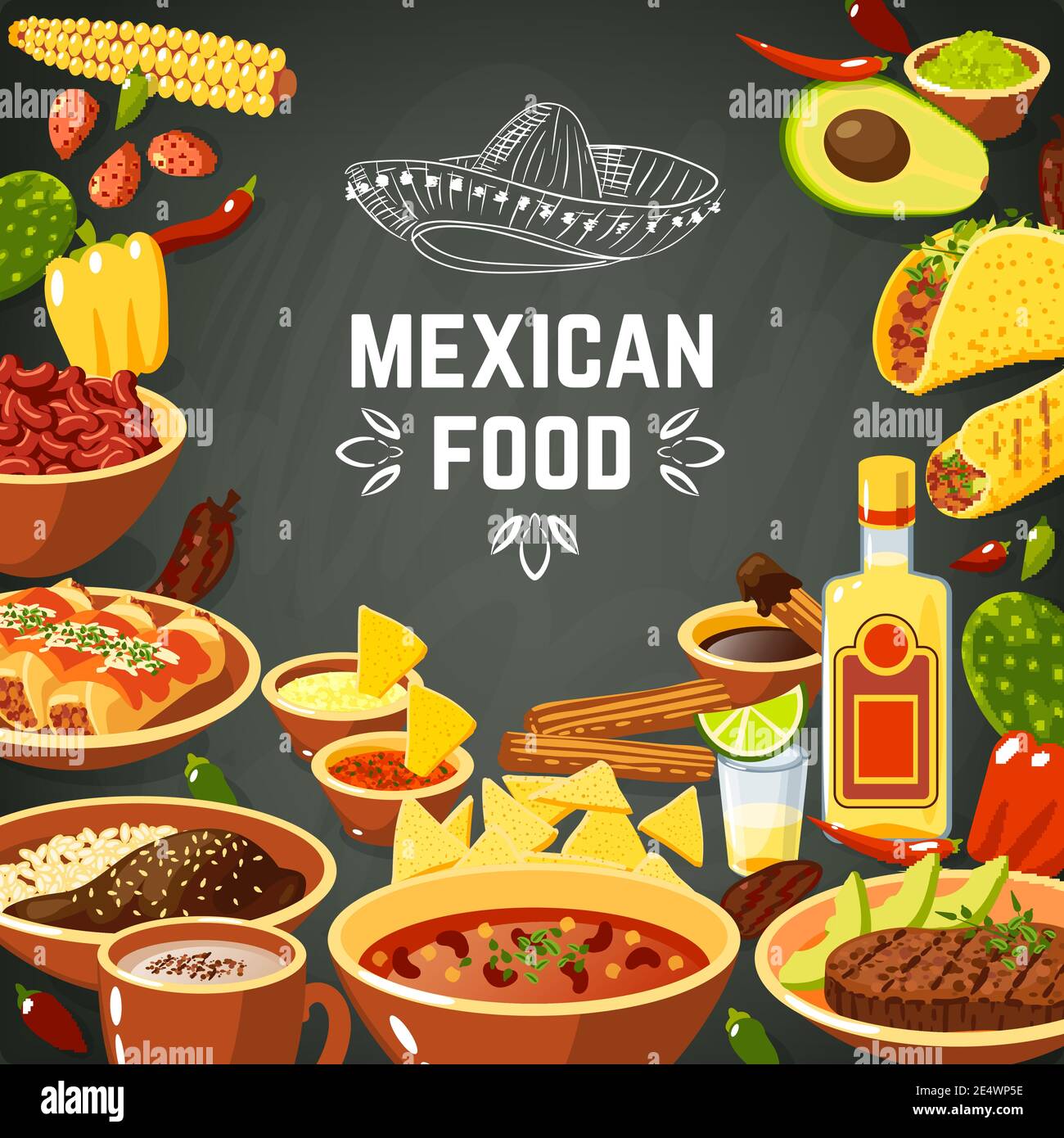 Mexican food background with traditional spicy meal and chalkboard hat ...