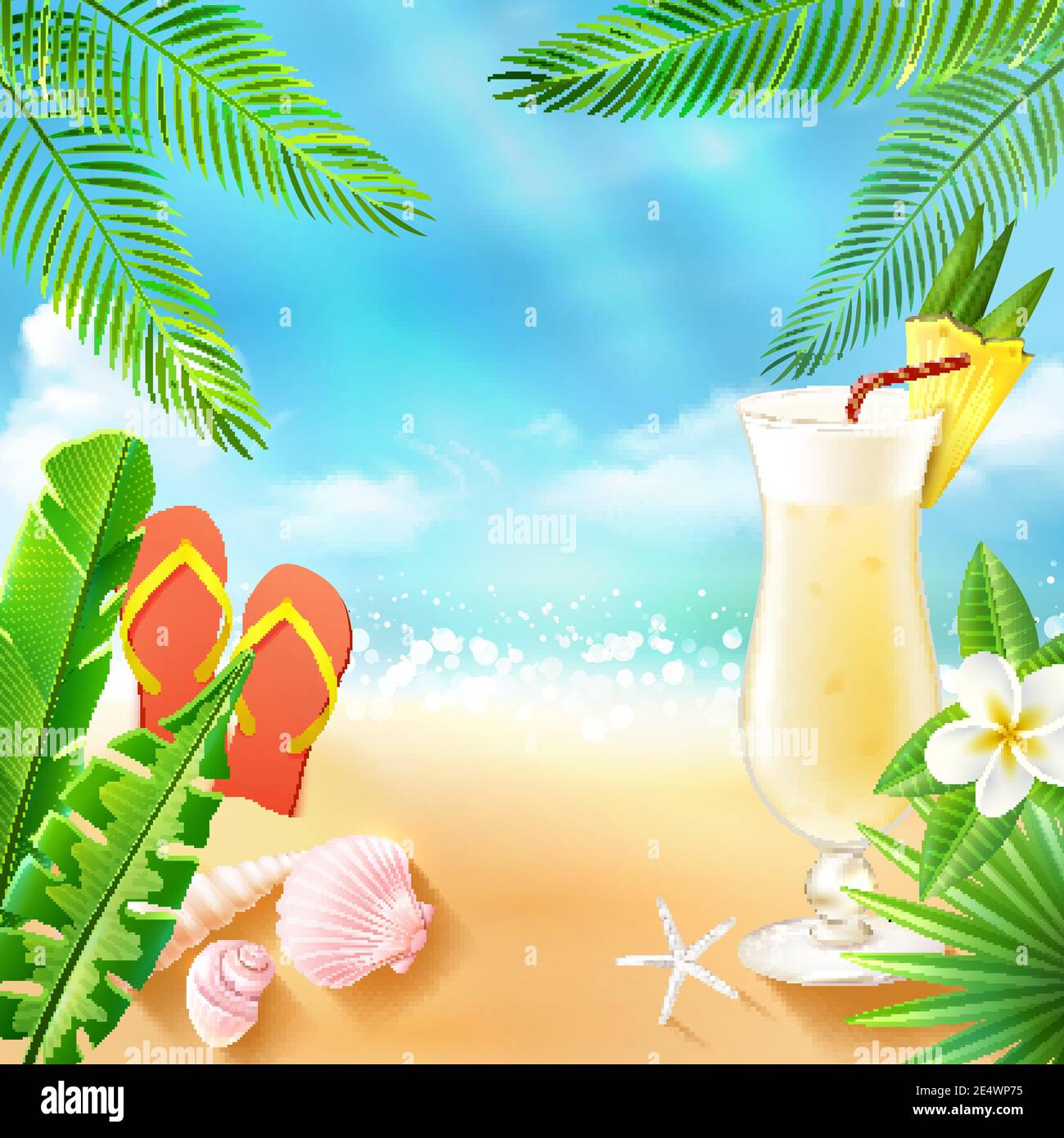Tropical sea travel background with beach cocktail seashell and ...