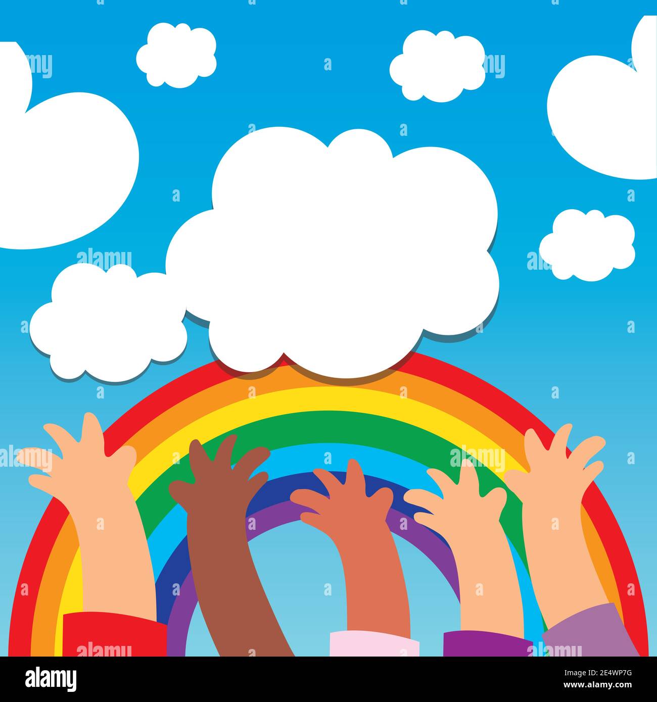 raised hands with rainbow and clouds cartoon, childrens vector ...