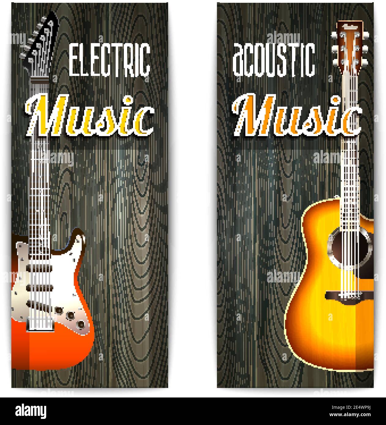 Music vertical banner set with electric and acoustic guitars on wooden ...