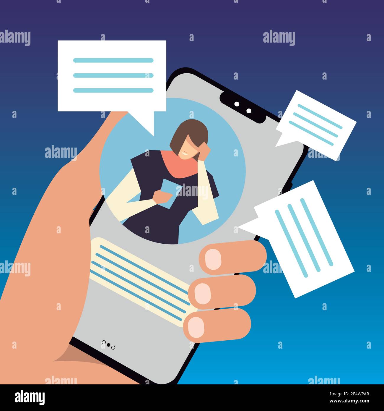 hand holds smartphone sending sms woman in screen vector illustration ...