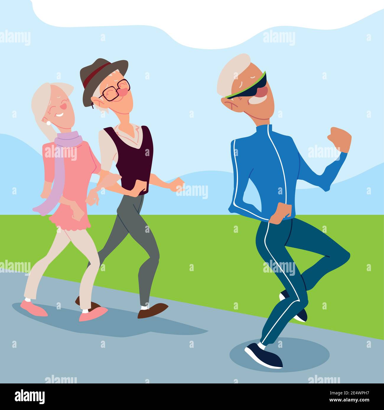 seniors active, old man jogging and elderly couple walking vector ...