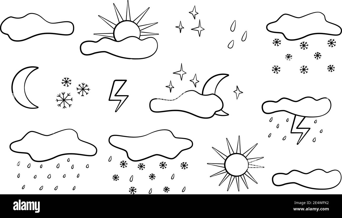 Doodle weather set. Doodle clouds, sun, light and rain. Sketch icon of ...