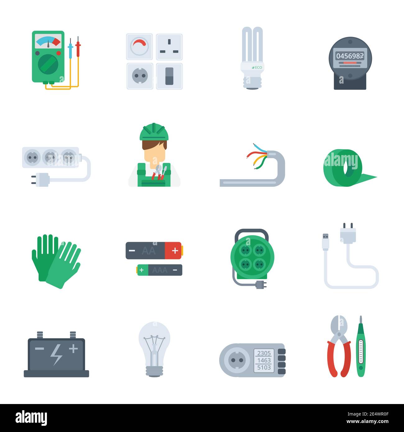 Electricity icon flat set with electrician tools plug pliers isolated ...