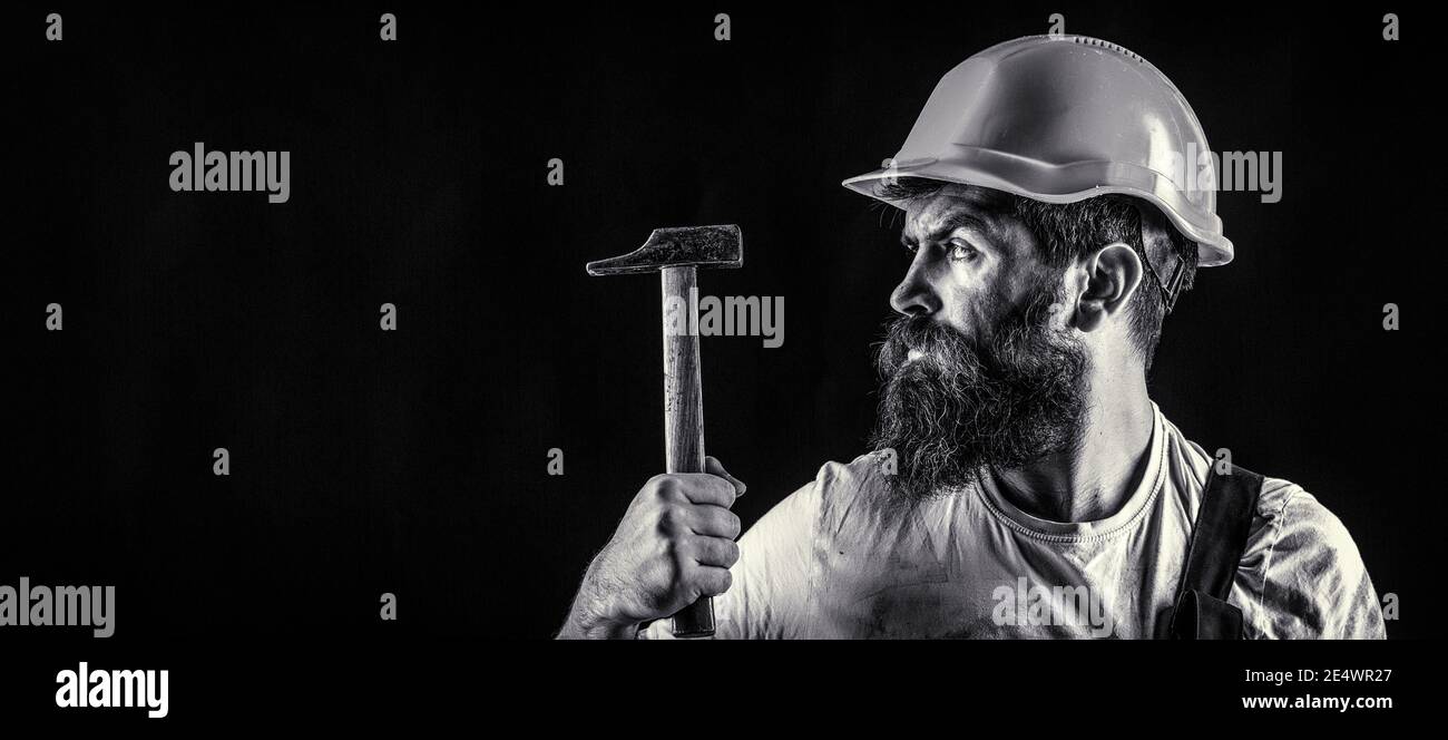 Handyman services. industry, technology, builder man, concept. Bearded ...