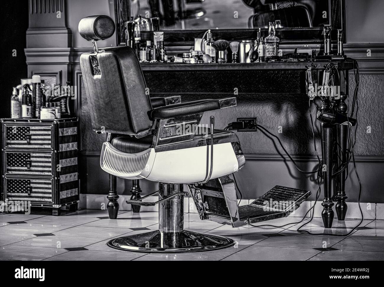 Stylish vintage barber chair. Professional hairstylist in barbershop ...