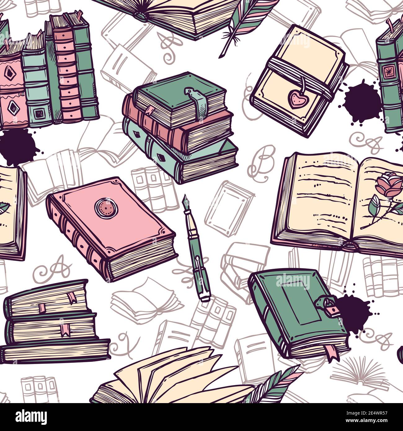 Vintage books library bookstore hand drawn seamless pattern vector ...