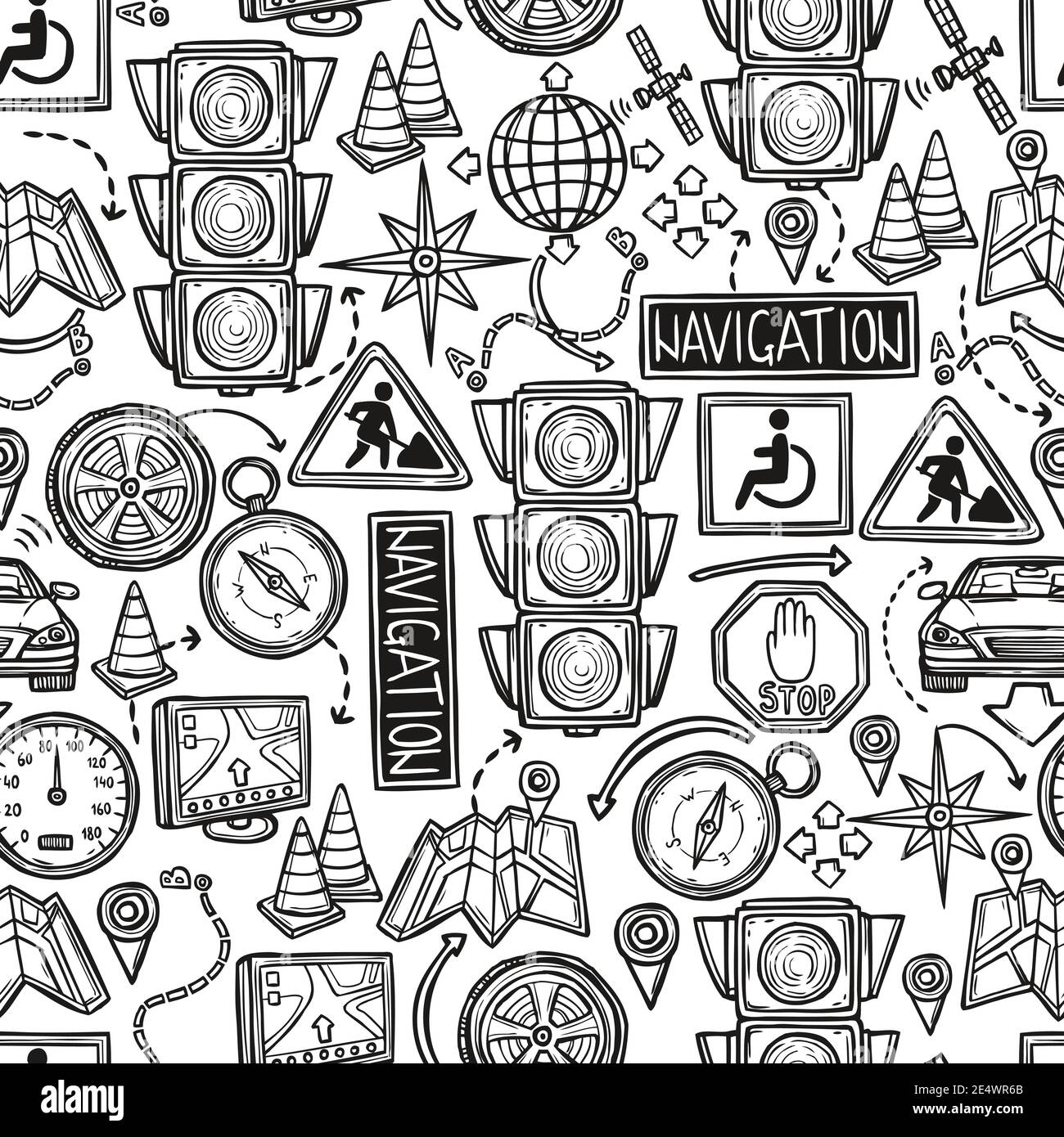Navigation hand drawn seamless pattern with traffic signs map and ...