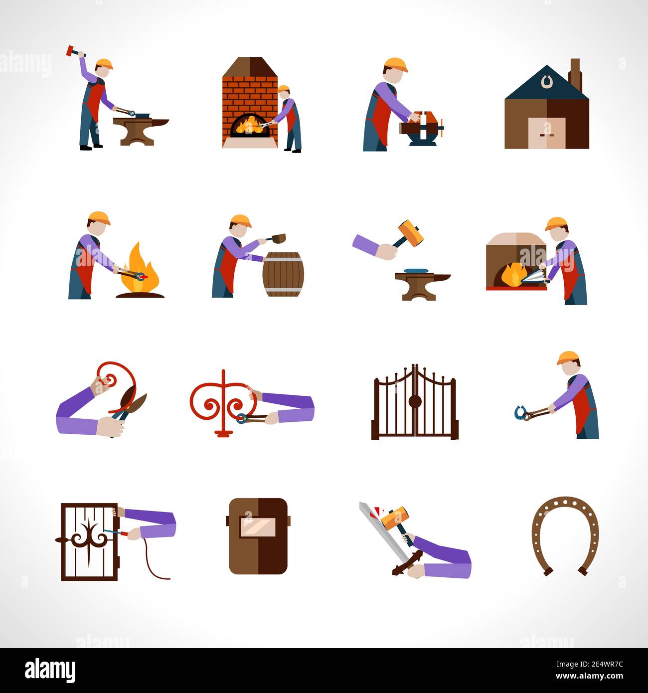 Blacksmith icons set with metal iron steel work tools isolated vector ...