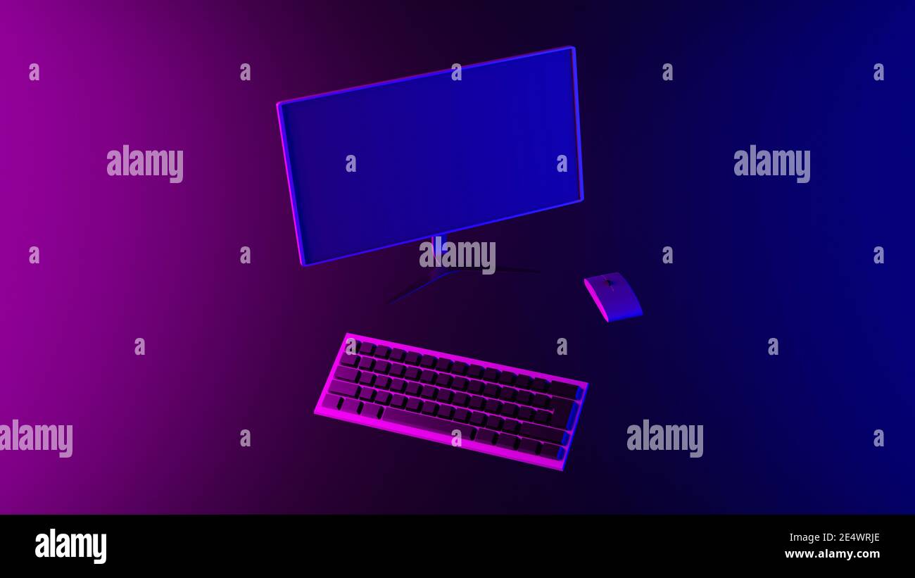 Computer, screen, mouse, keyboard on an abstract light effect purple ...