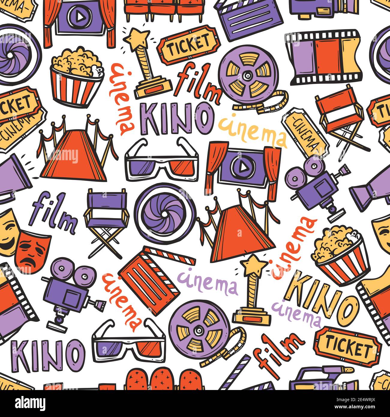 Cinema seamless pattern with hand drawn film and entertainment signs ...