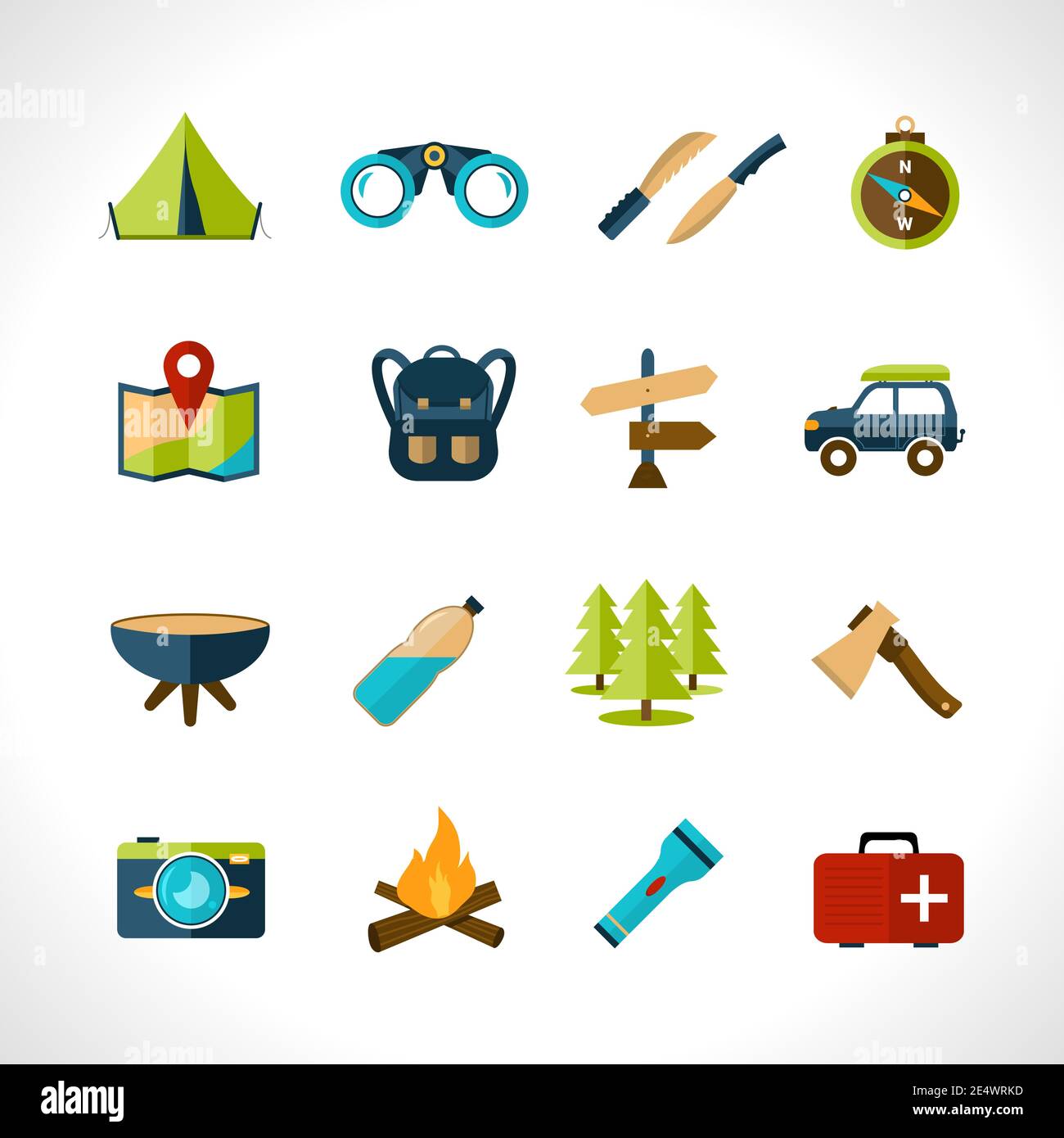 Camping icons set with tent binoculars knife compass isolated vector illustration Stock Vector ...