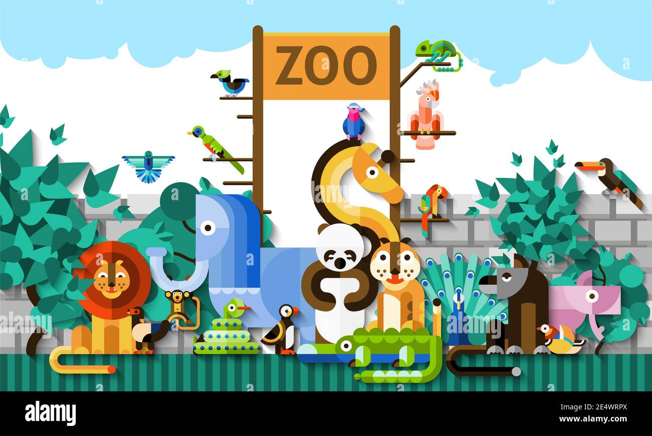 Zoo background with colorful paper african jungle animals and birds ...