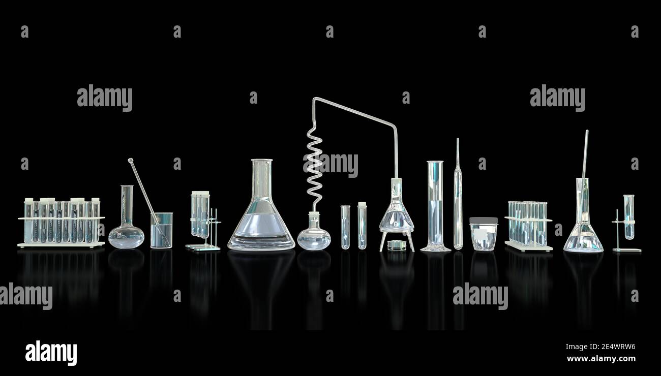 3D illustration of objects - Line of laboratory test tubes with various ...