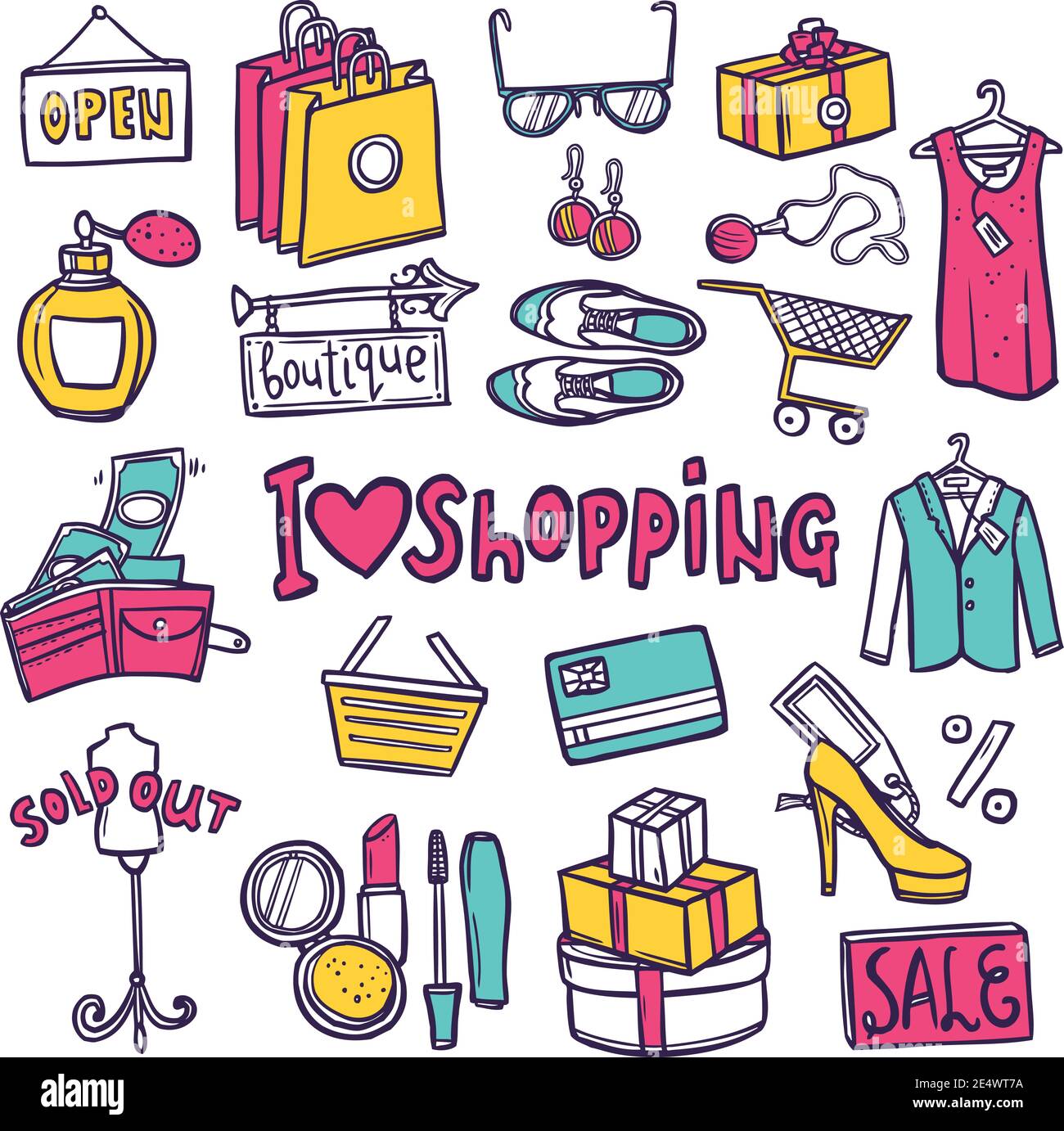 Shopping hand drawn decorative icons set with commerce symbols isolated ...