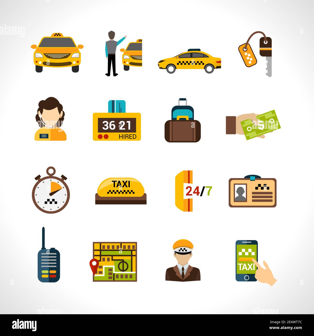 Taxi service icons set wth payment cab driver id isolated vector ...