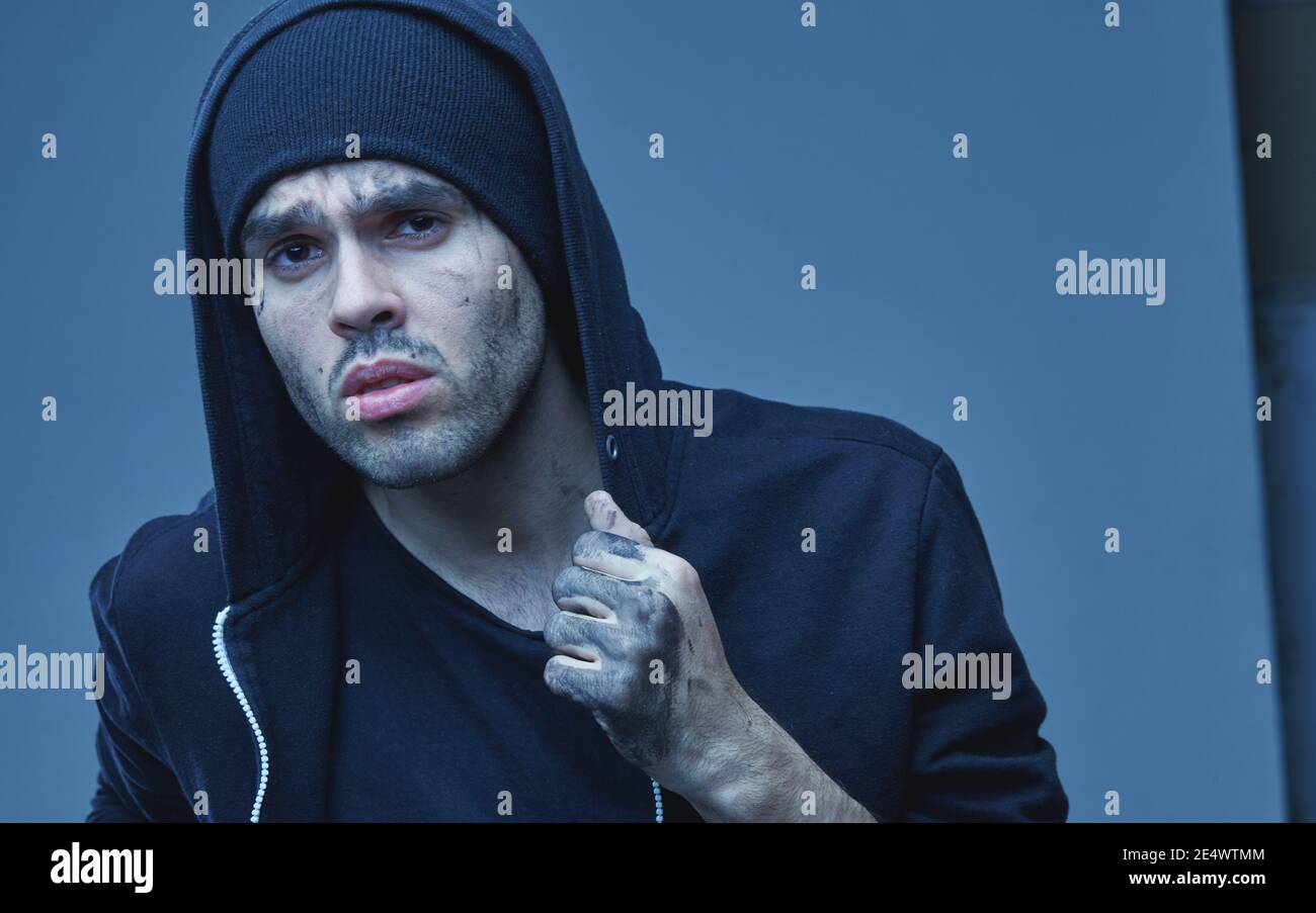 Body language of the man as a symbol of loneliness, pain and depression ...