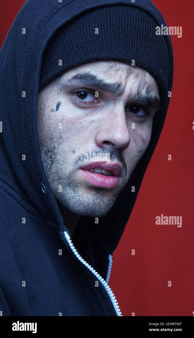portrait of a young lonely man. Body language, gestures, body ...