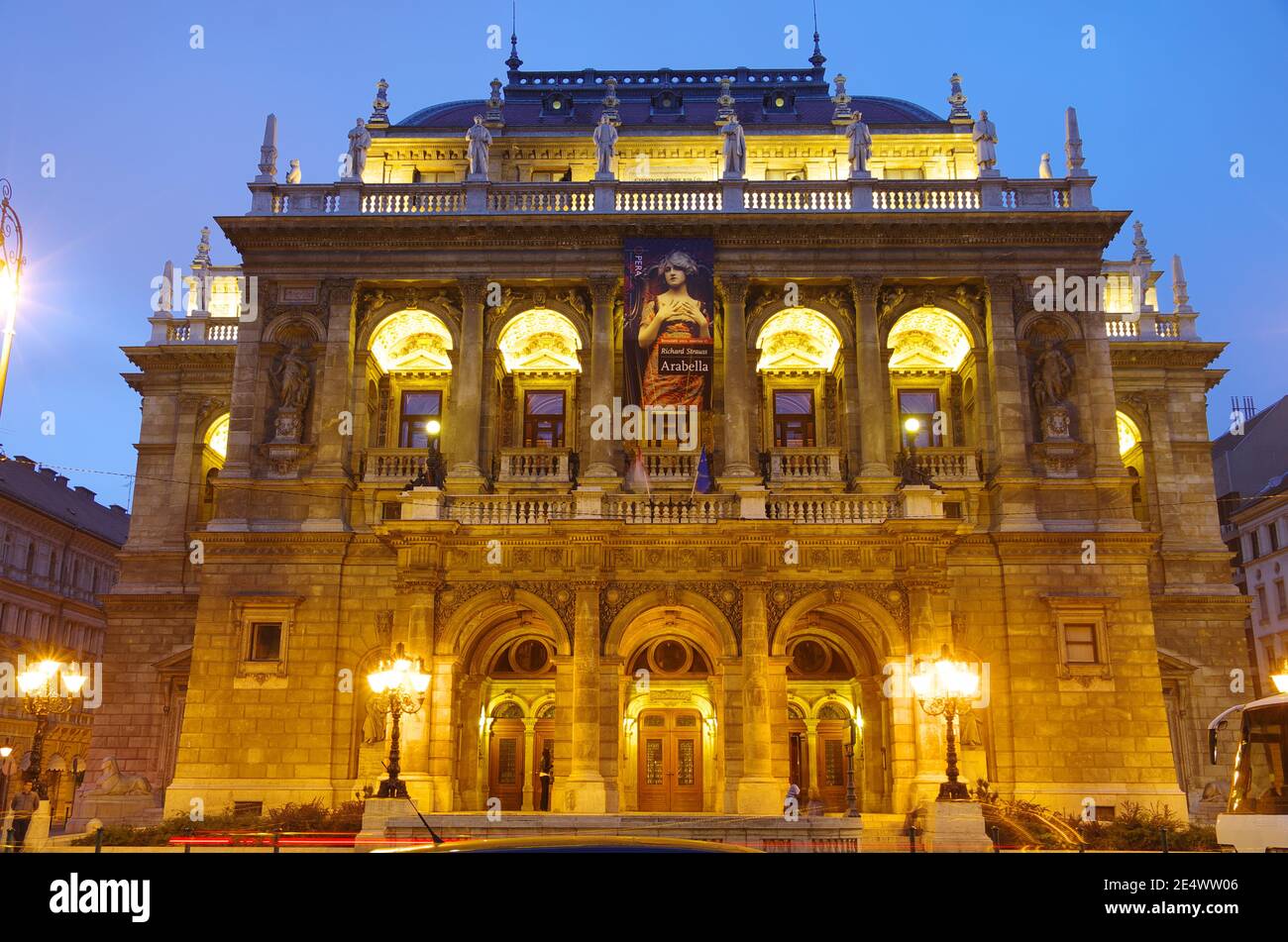 Budapest, Hungary - April 06, 2012: by night view of the Opera House in ...