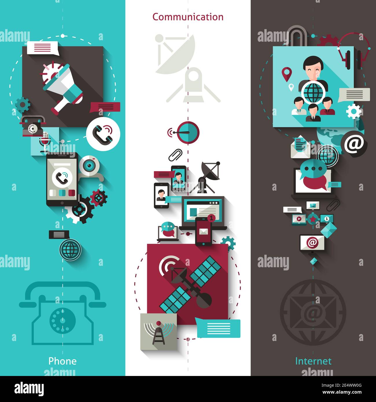 Communication vertical banner set with phone and internet elements ...