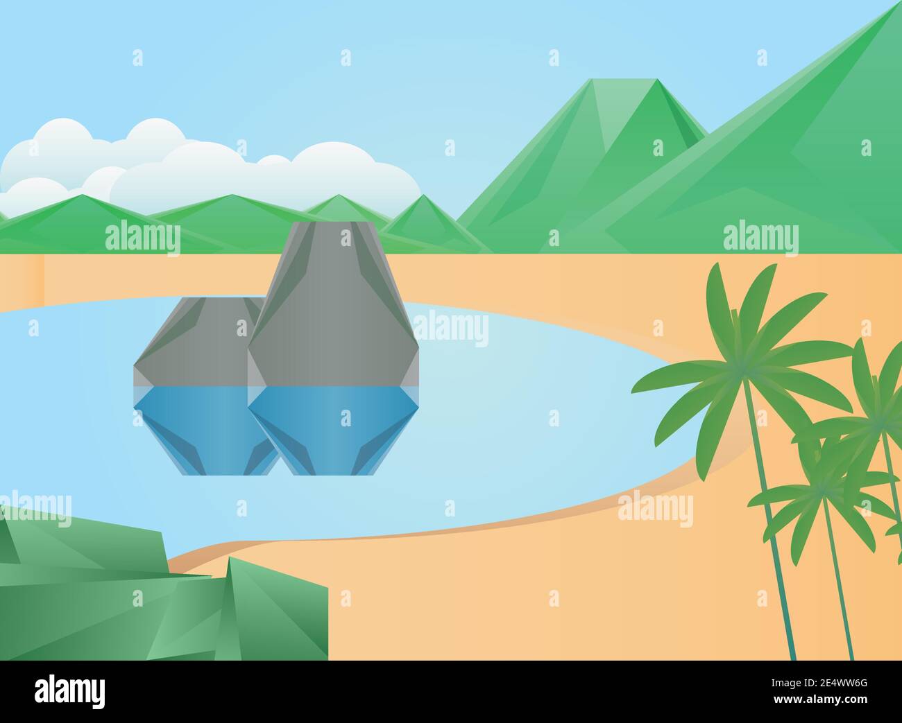 Polygonal landscape of beach with stones and palm trees design, nature ...