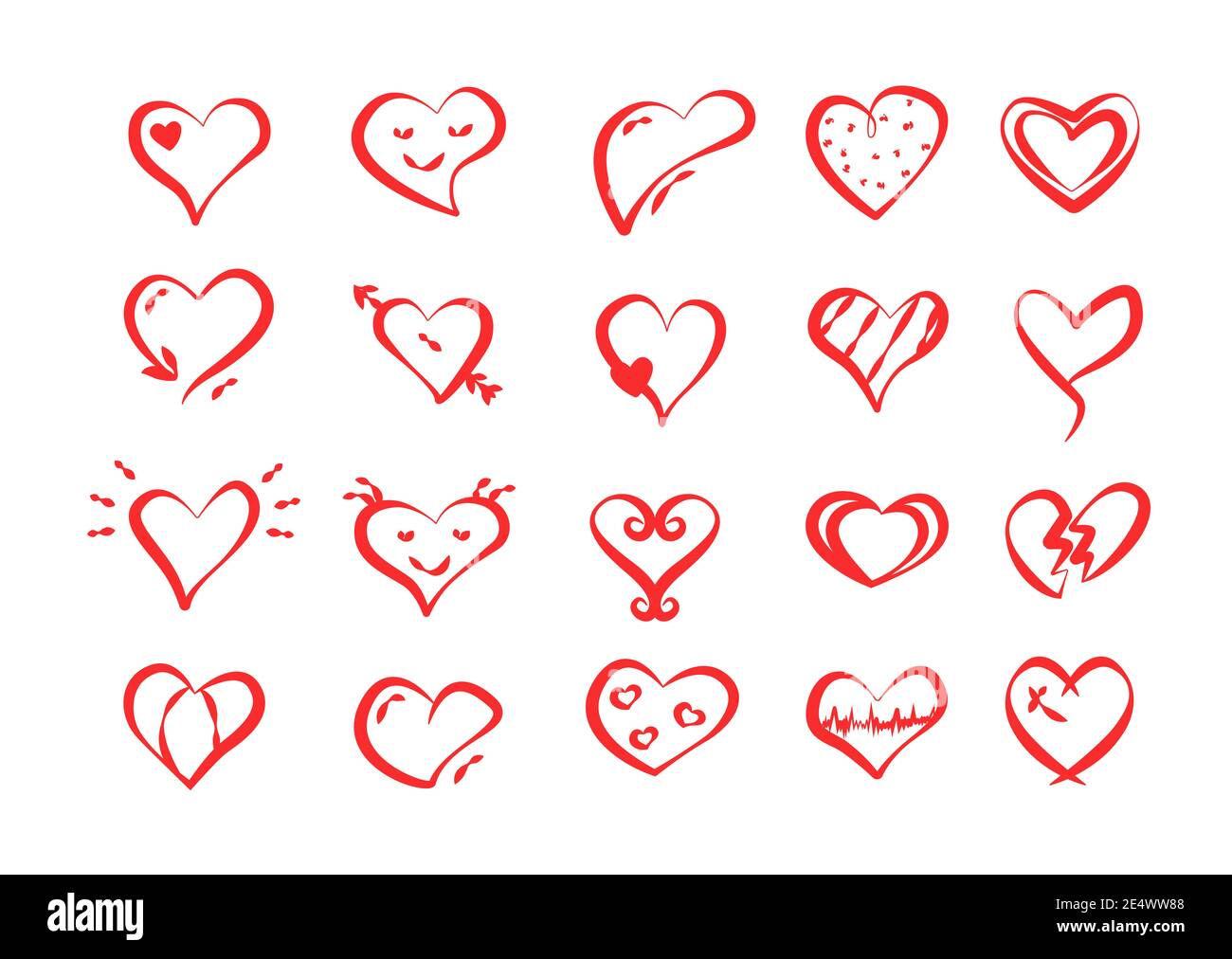 Vector red hearts set icons. Various options of creative heart drawings ...