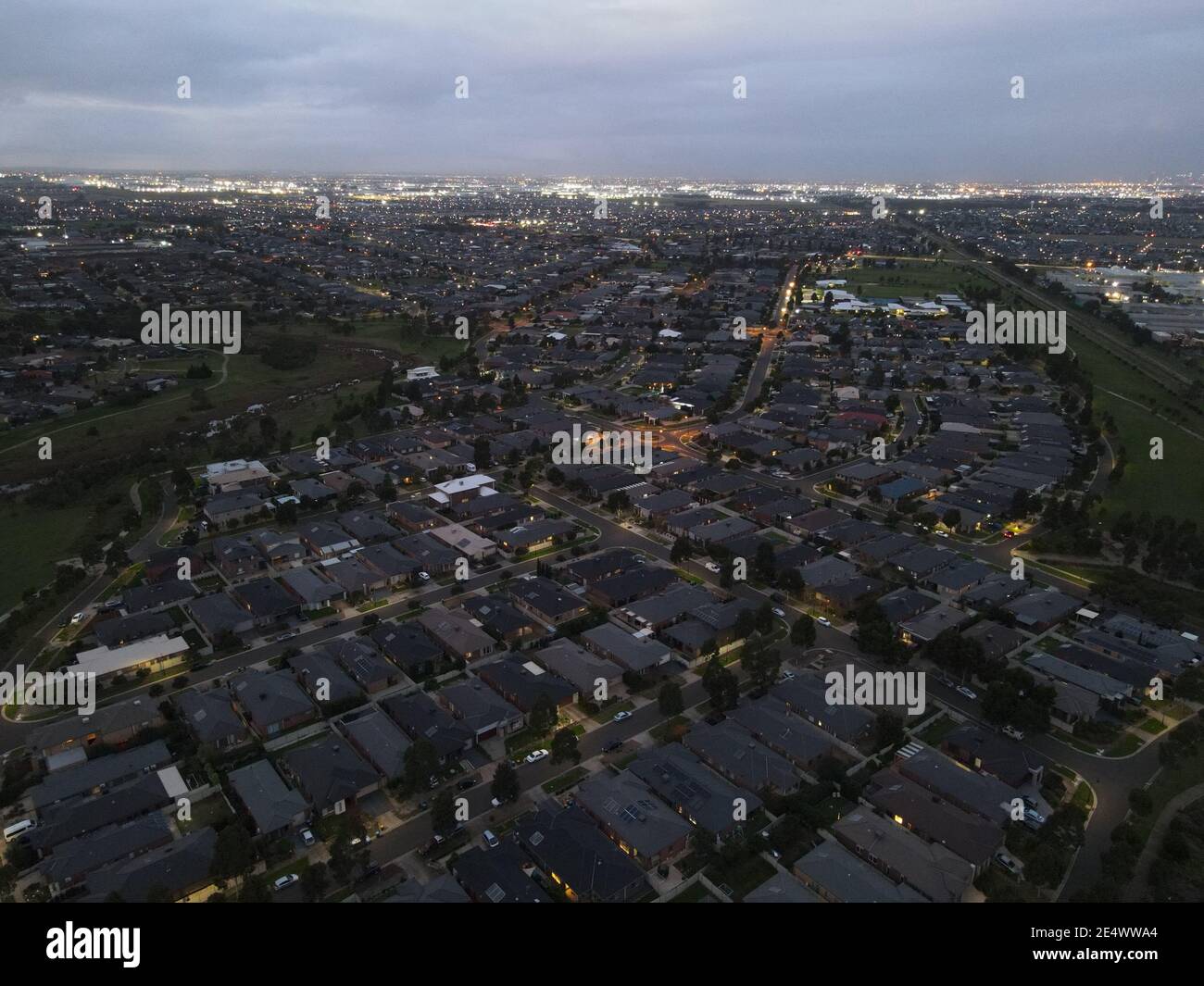 Urban Sprawl Aerial View Suburbia Urban Living and Houses at Night ...