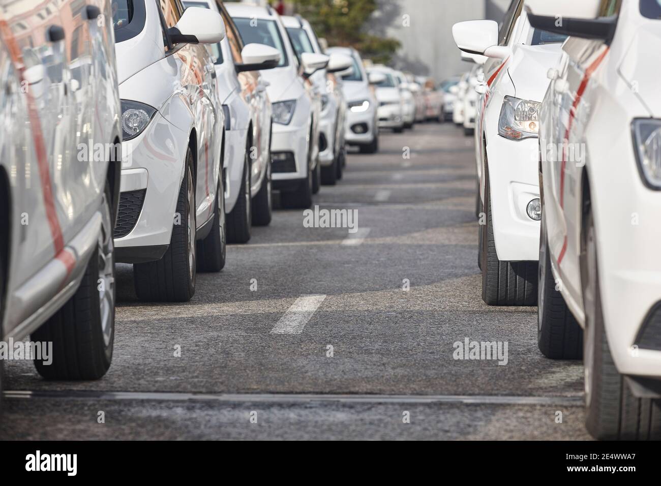 Urban city transportation. Several taxis vehicles in line. Cab stop ...