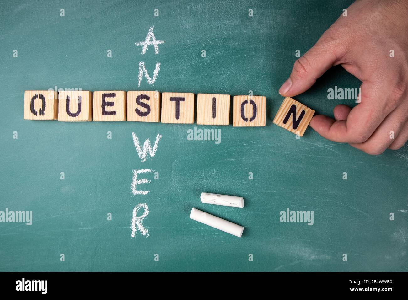 Question and Answer. Text from letters of the wooden alphabet on a ...