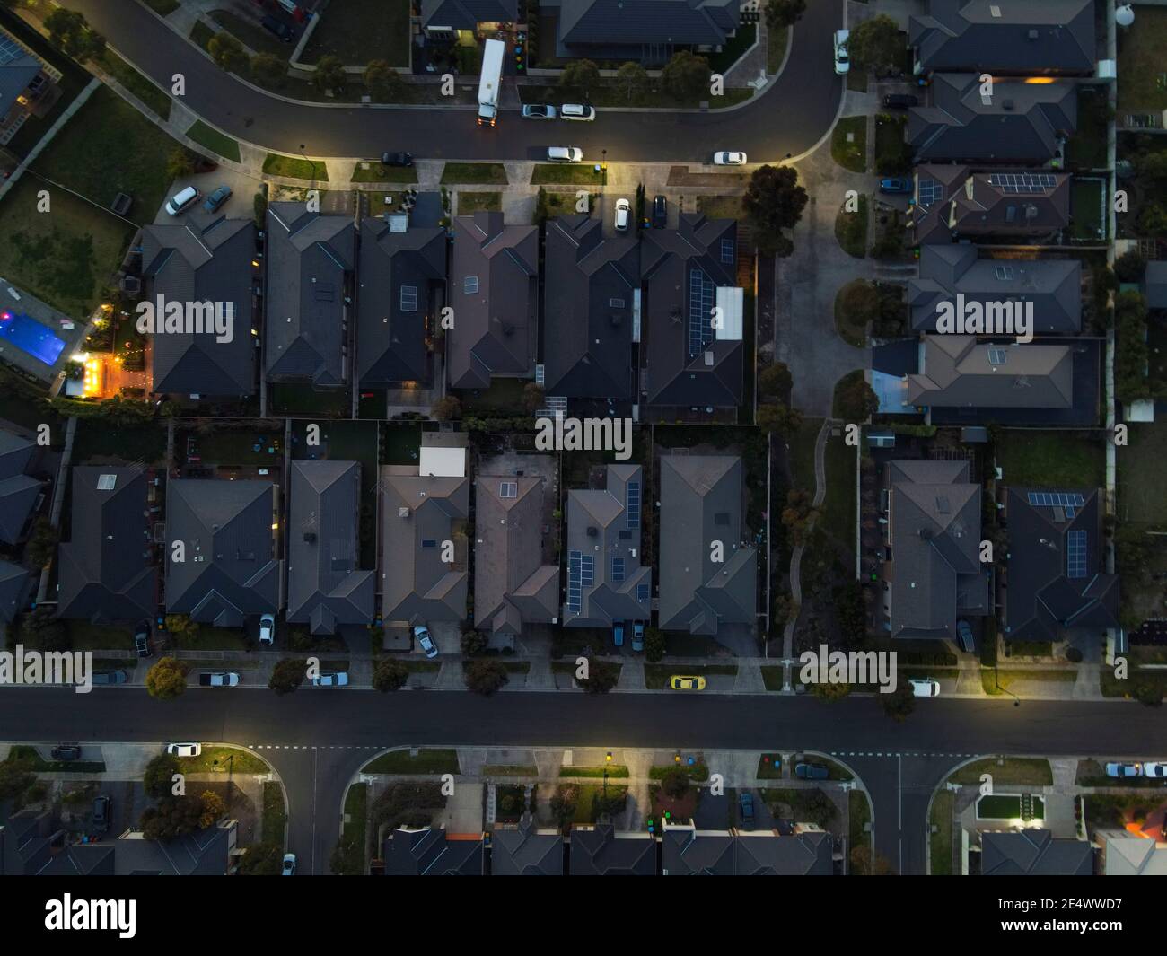 Urban Sprawl Aerial View Suburbia Urban Living and Houses at Night ...