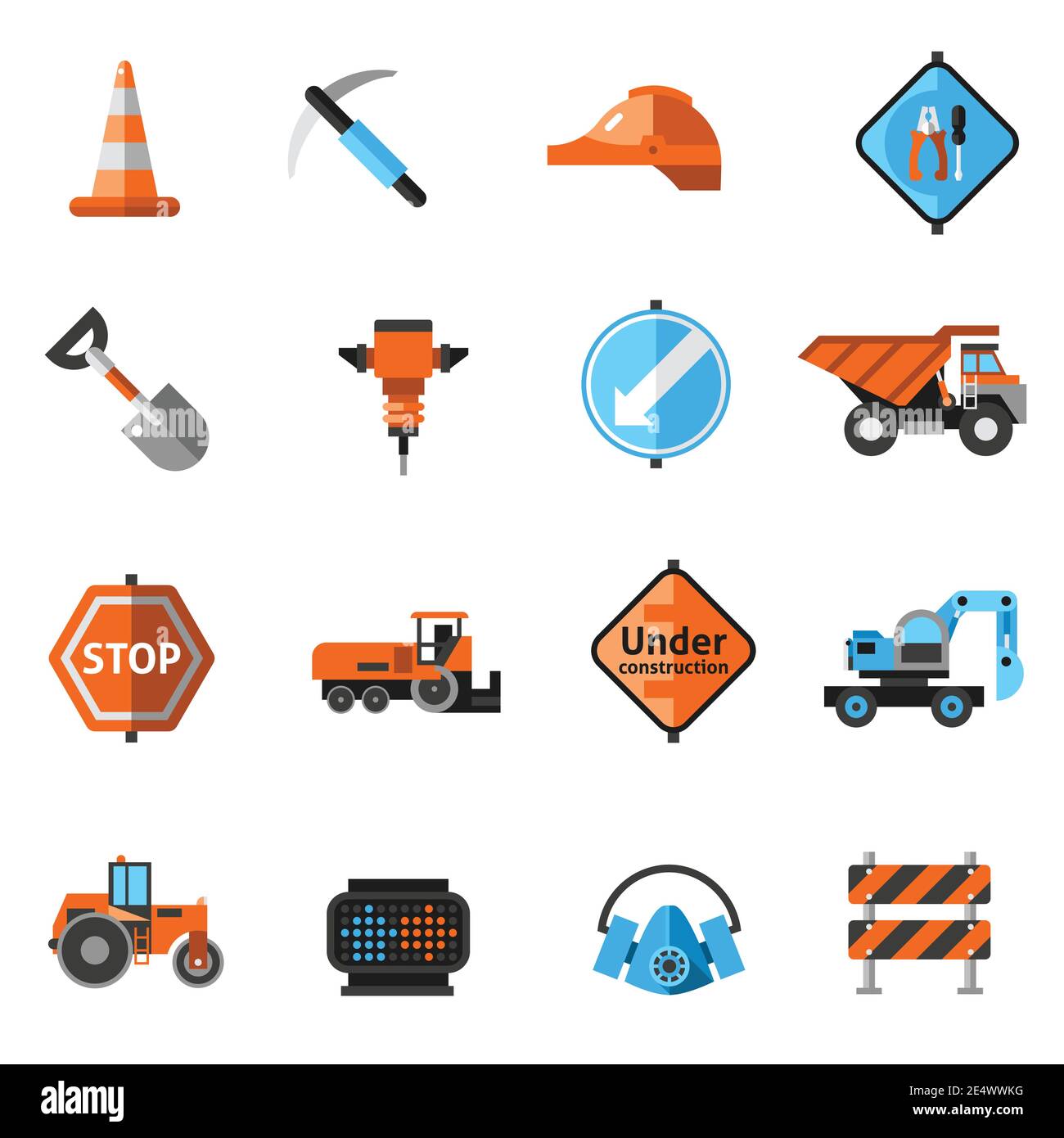 Road repair icons with hammer builder tools forklift helmet isolated ...