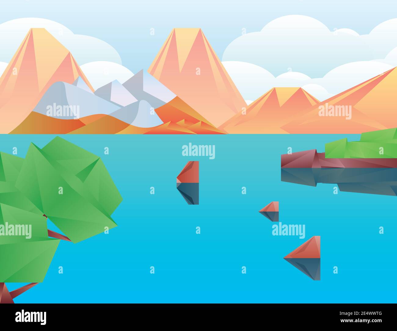 Polygonal landscape of mountains with snow and lake design, nature and ...