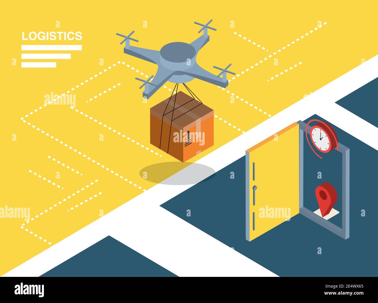 Logistics and delivery isometric drone with box and door design ...