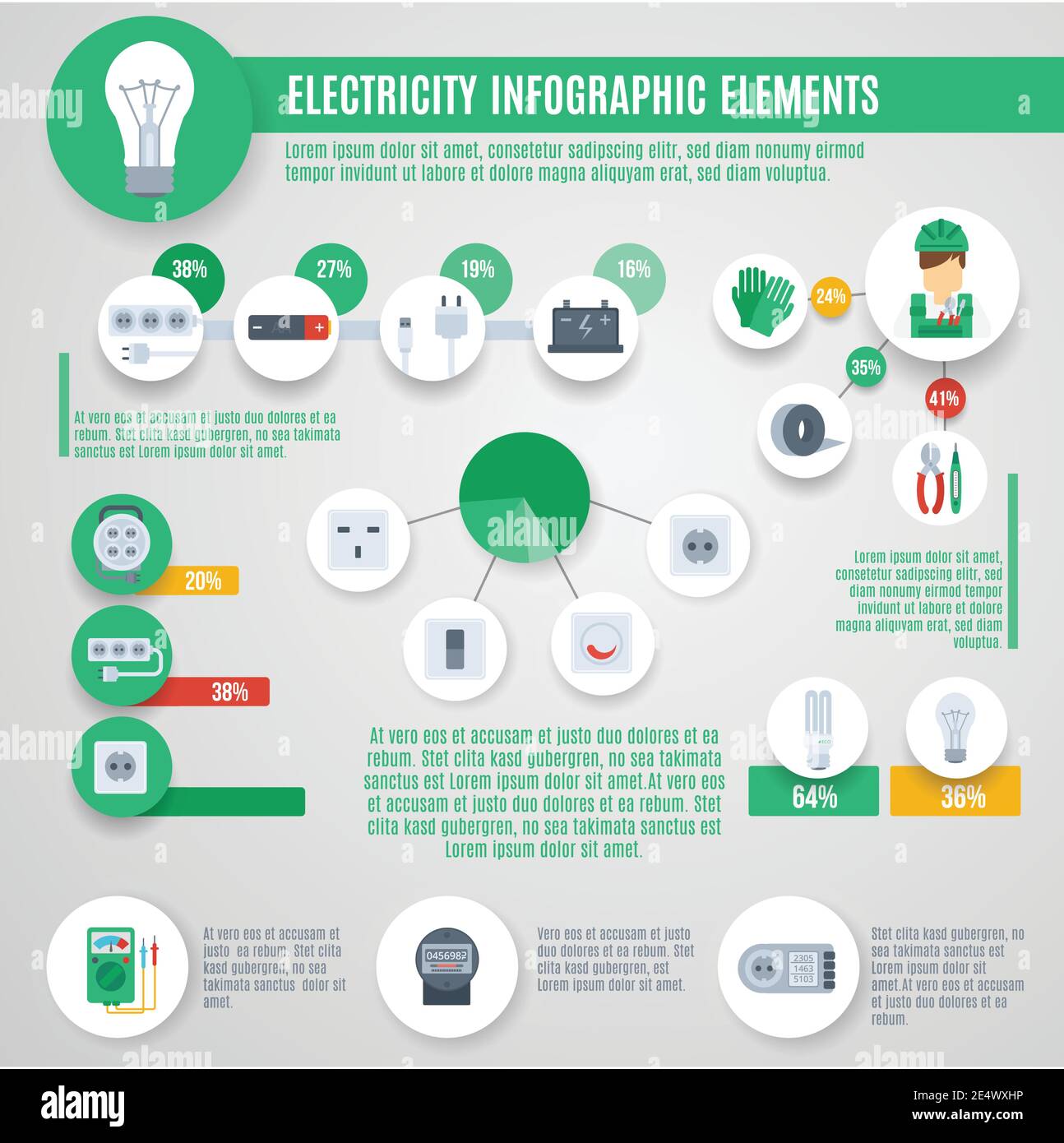 Electricity infographics set with professional electrician tools and ...