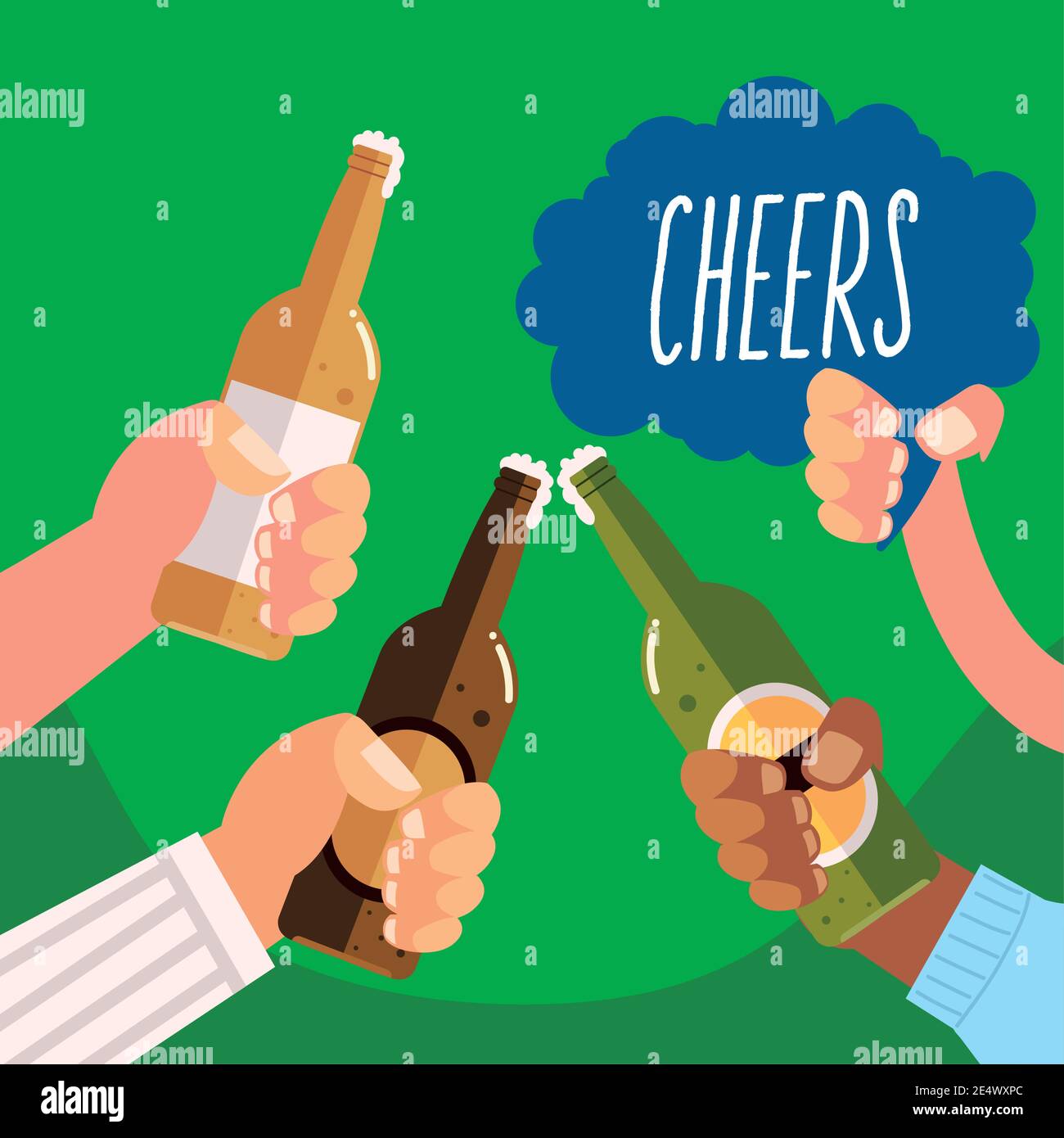 male hands holding lager beer bottles, cheers vector illustration Stock ...