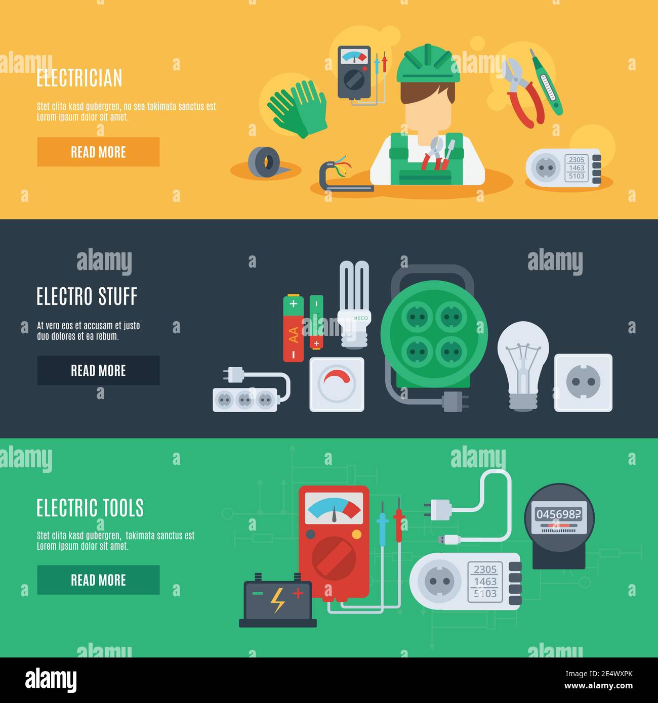 Electricity horizontal banner set with electrician electro stuff flat ...