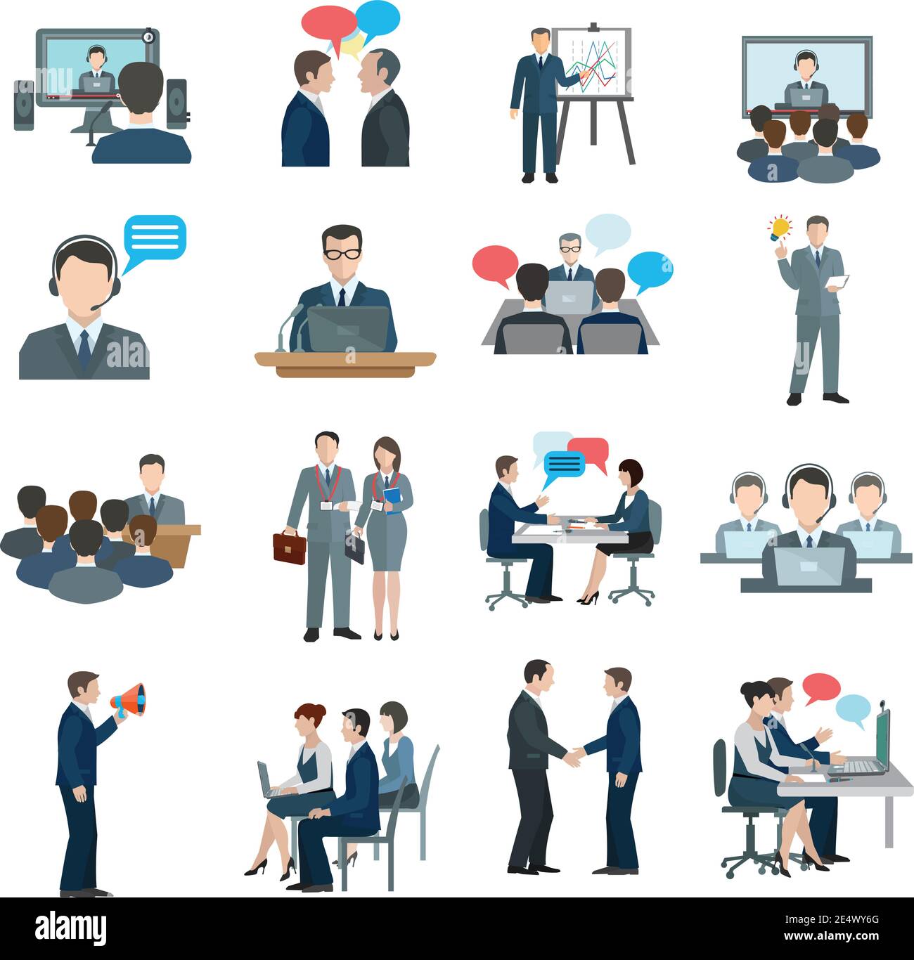 Conference icons flat set with business people workgroup communication ...