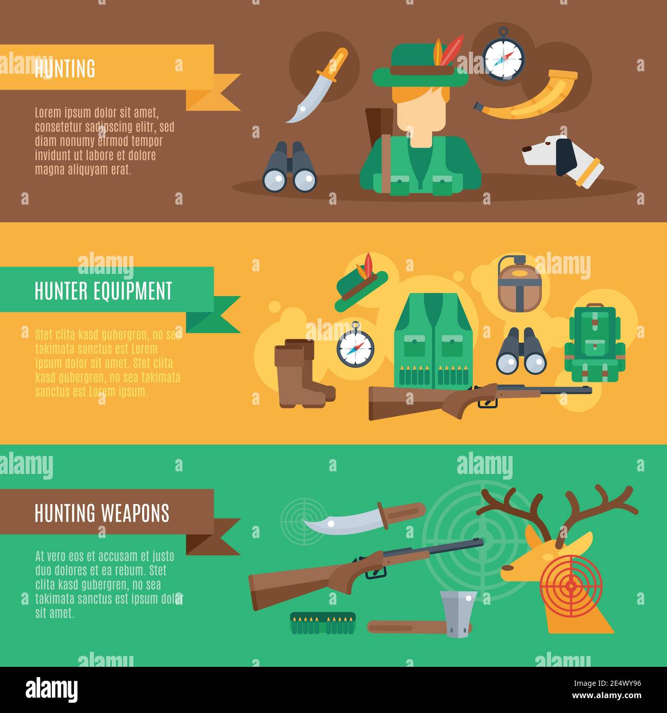 Hunting horizontal banner set with animals equipment and weapons flat ...