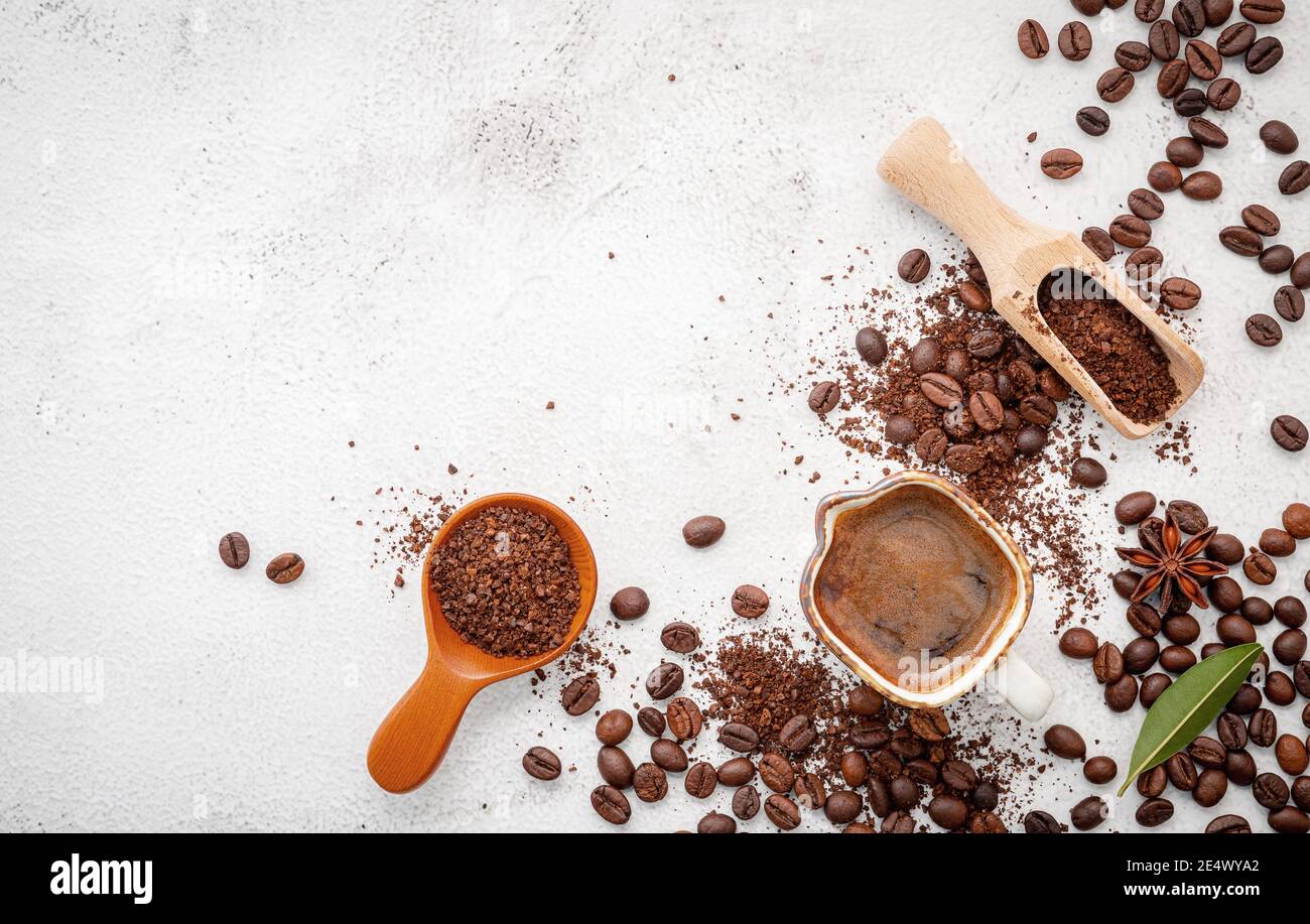 Background of various coffee , dark roasted coffee beans , ground and ...