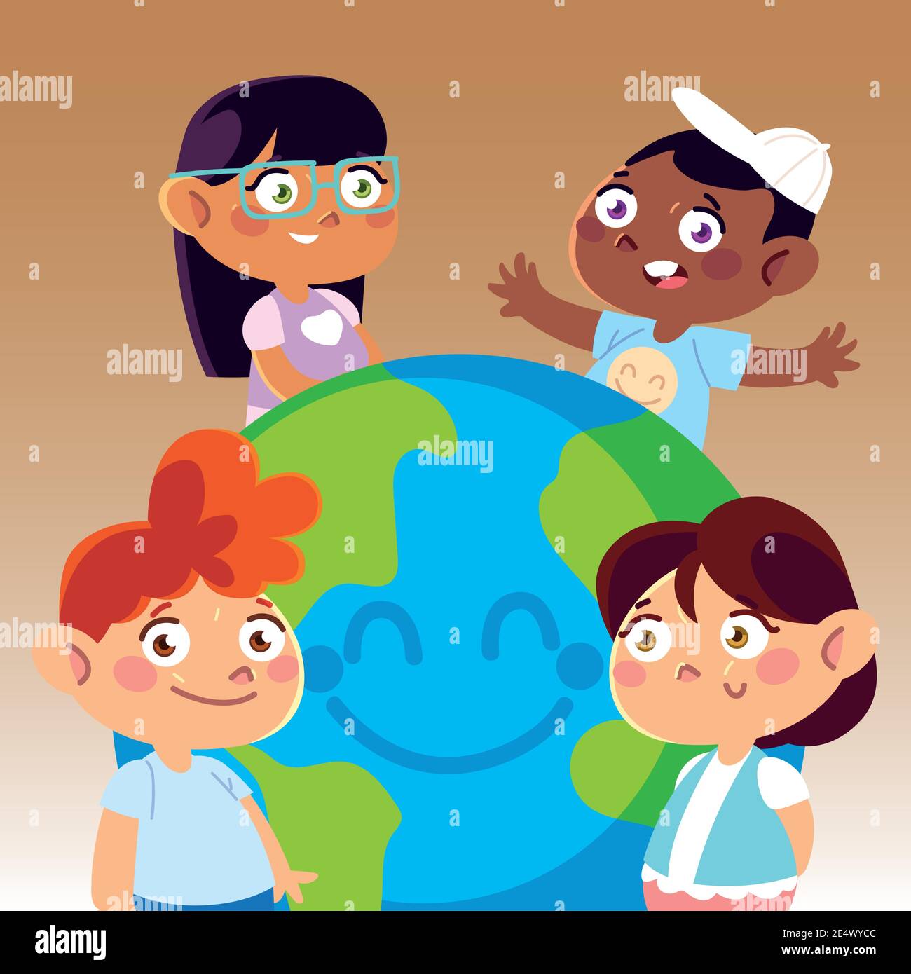 happy girls and boys with world cartoon, children vector illustration ...