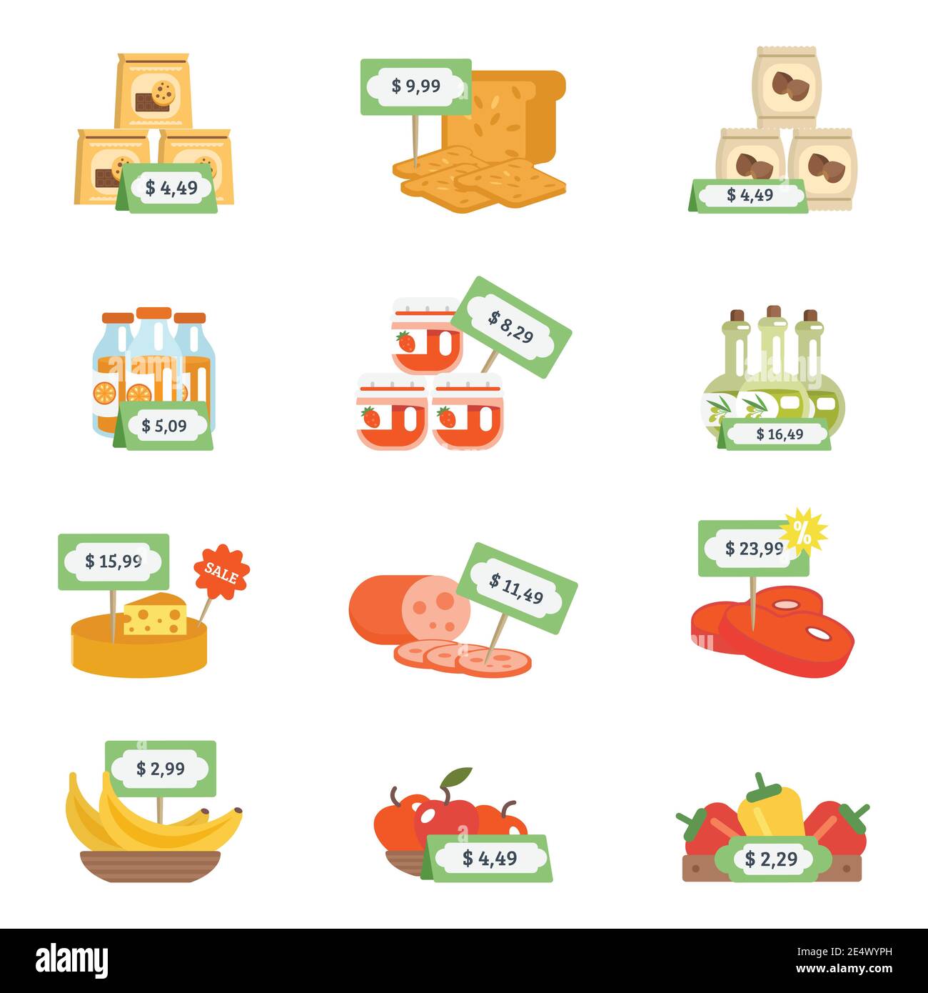 Supermarket food products with price labels icons set isolated vector ...